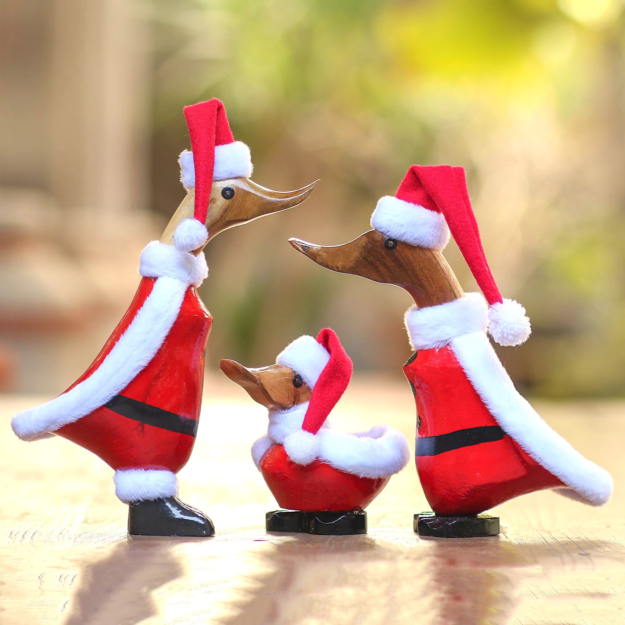 NOVICA Santa Ducks Set of 3 Bamboo Root and Wood Santa Duck Decorative ...