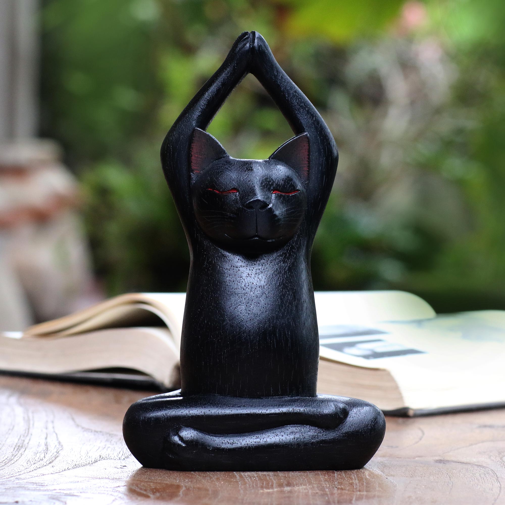 NOVICA Toward the Sky Black Yoga Cat Black Suar Wood Asana Pose Yoga ...