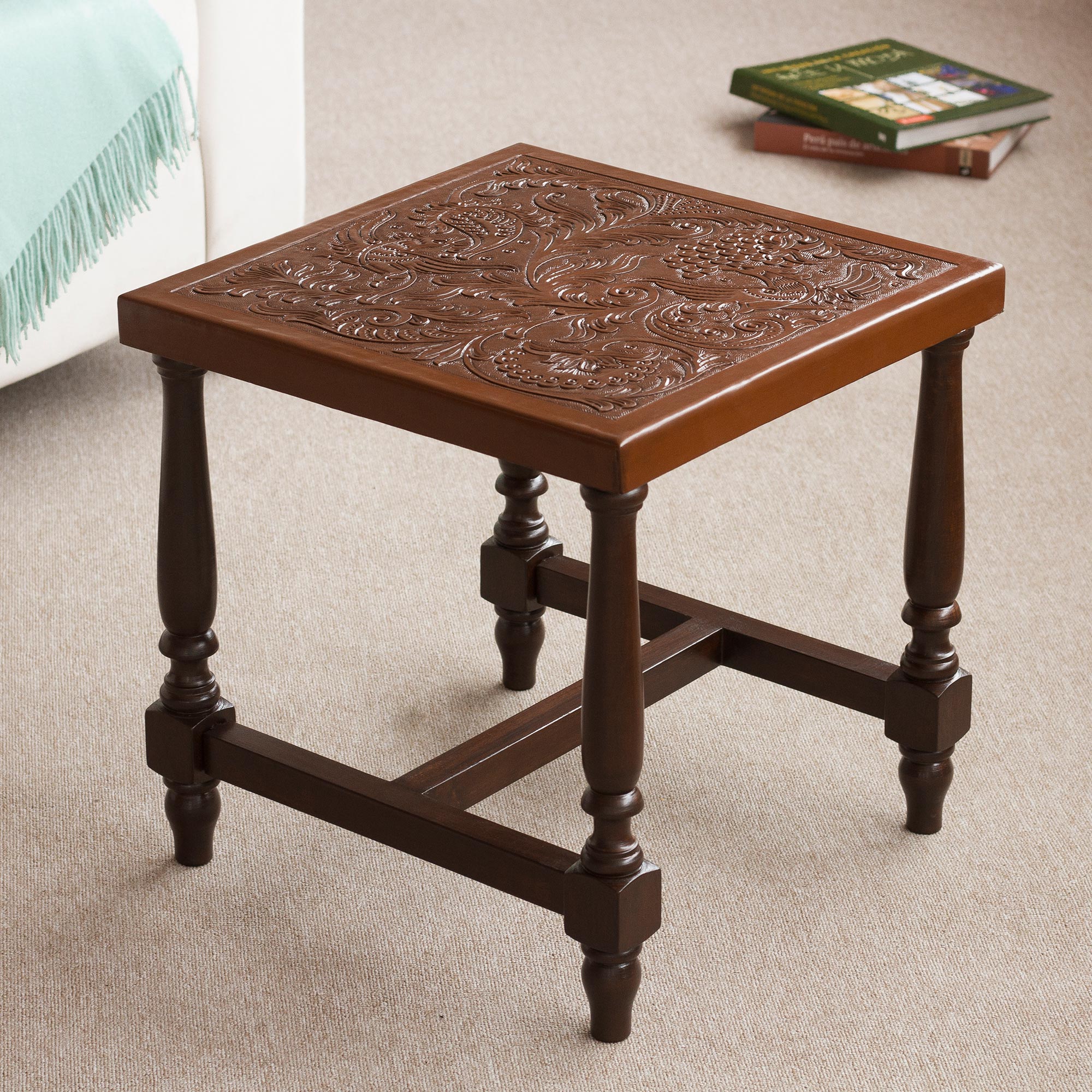 NOVICA Mountain Garden Brown Nature-Inspired Leather and Wood Table ...