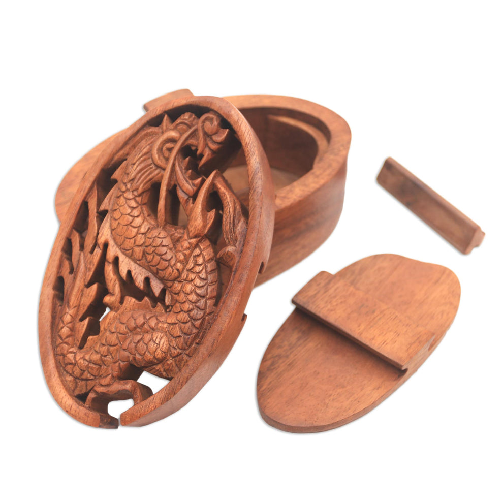 NOVICA Dragon Oval Dragon-Themed Suar Wood Puzzle Box from Bali ...