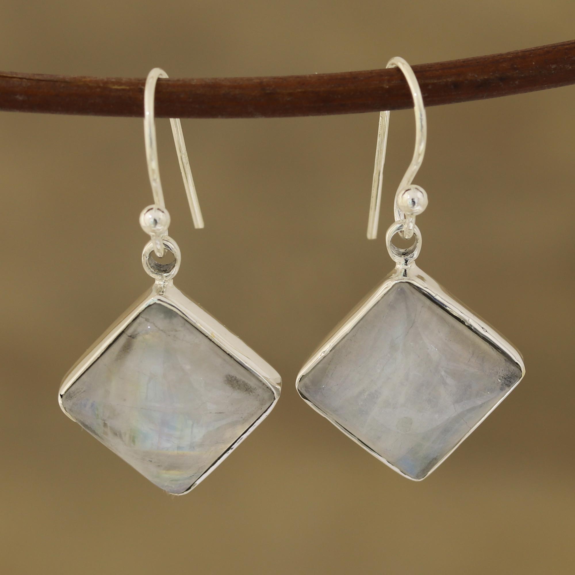 Fascinating Frames Square Rainbow Moonstone Dangle Earrings from India ...