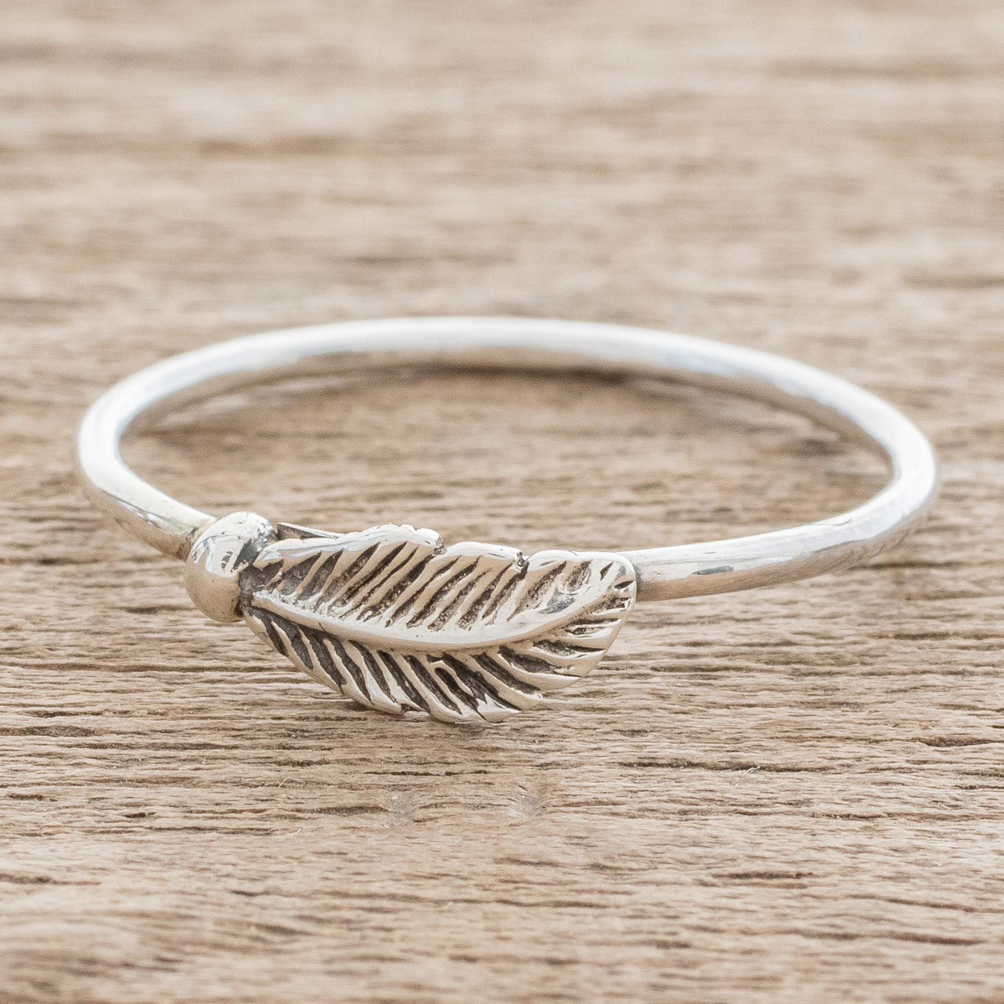 NOVICA Fallen Feather Slender Sterling Silver Band Ring with Feather ...