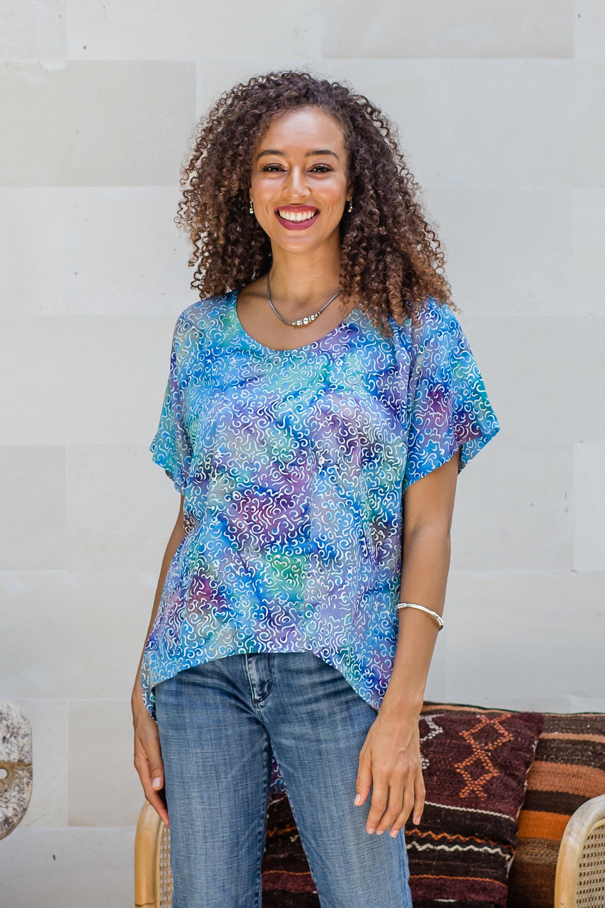 NOVICA Rainbow Seascape Rayon Hi-Low Sidetail Multicolor Batik Blouse ...