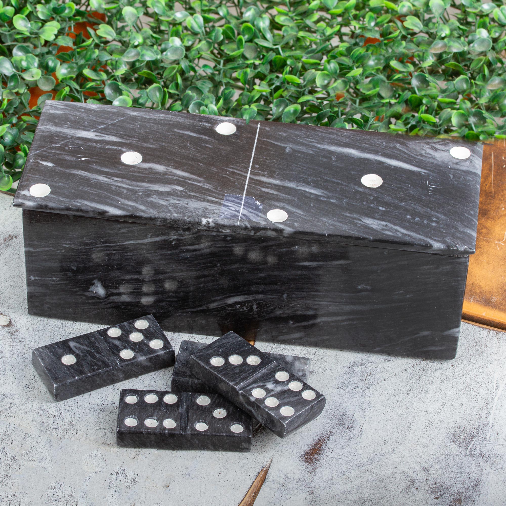NOVICA Fascinating Challenge Dark Grey Marble Domino Set with Storage ...