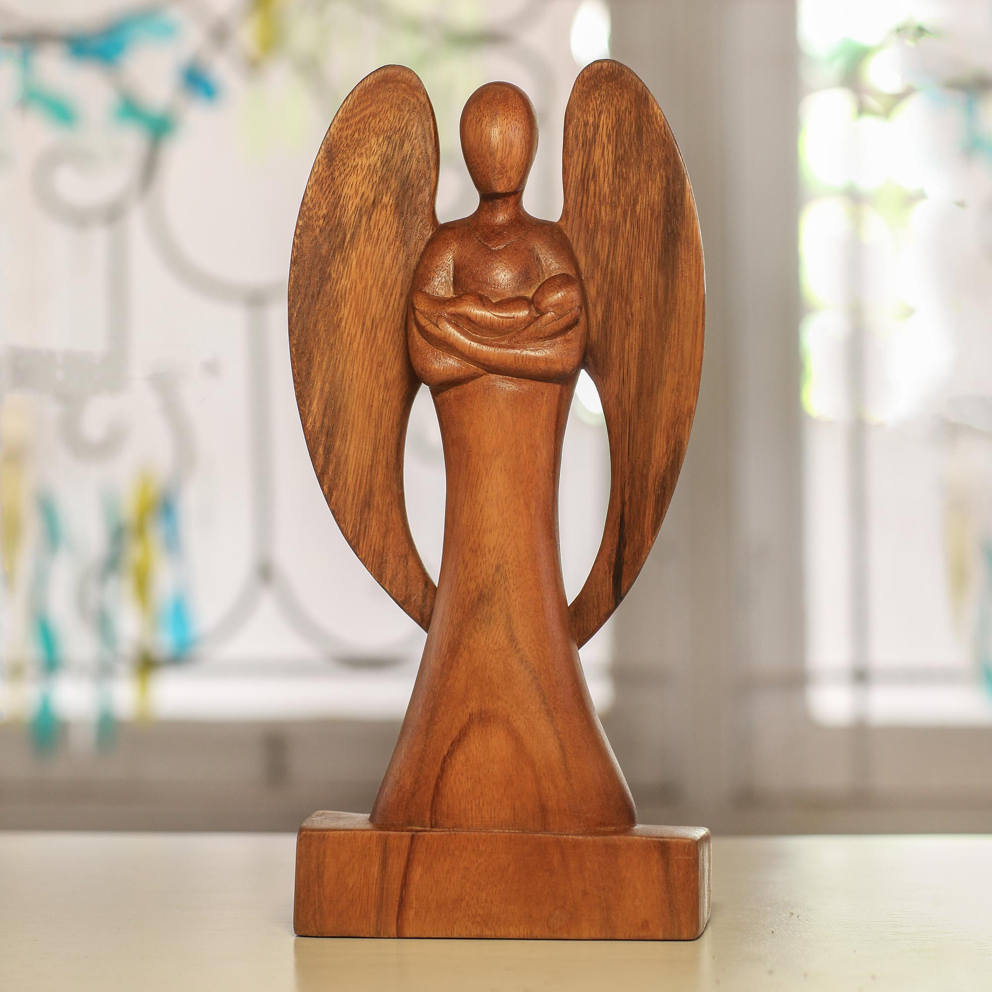 NOVICA Guardian Angel Hand Carved Wood Angel and Baby Sculpture ...