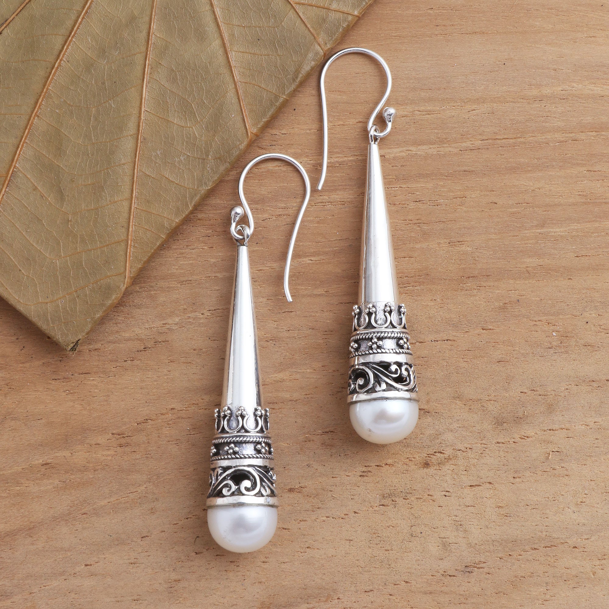 NOVICA Bali Cornet Sterling Silver Cone Dangle Earrings with Cultured ...