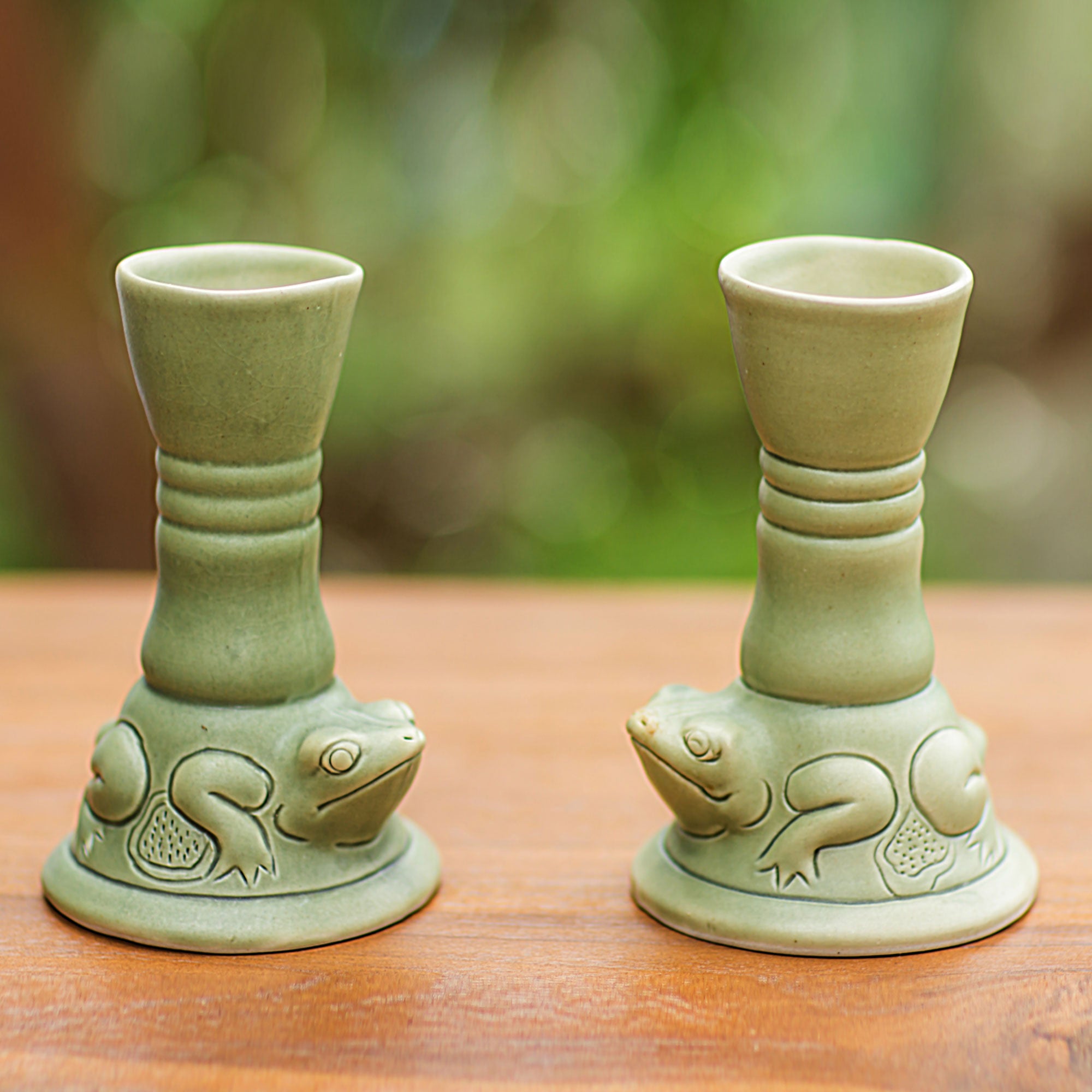 NOVICA Yoke Frog Green Ceramic Animal Themed Candle Holders (Pair ...