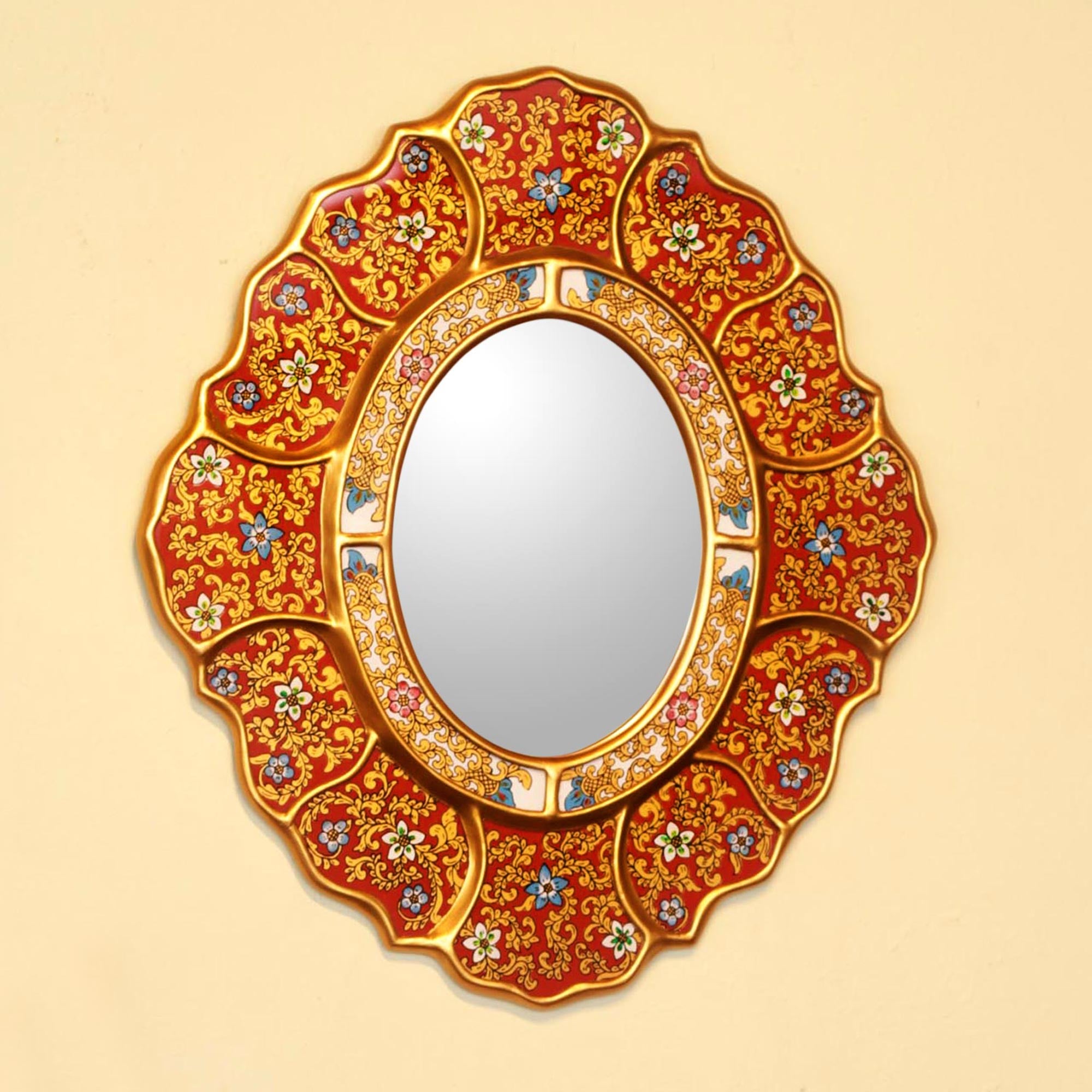 NOVICA Floral Crimson Unique Red and Gold Reverse Painted Glass Wall ...