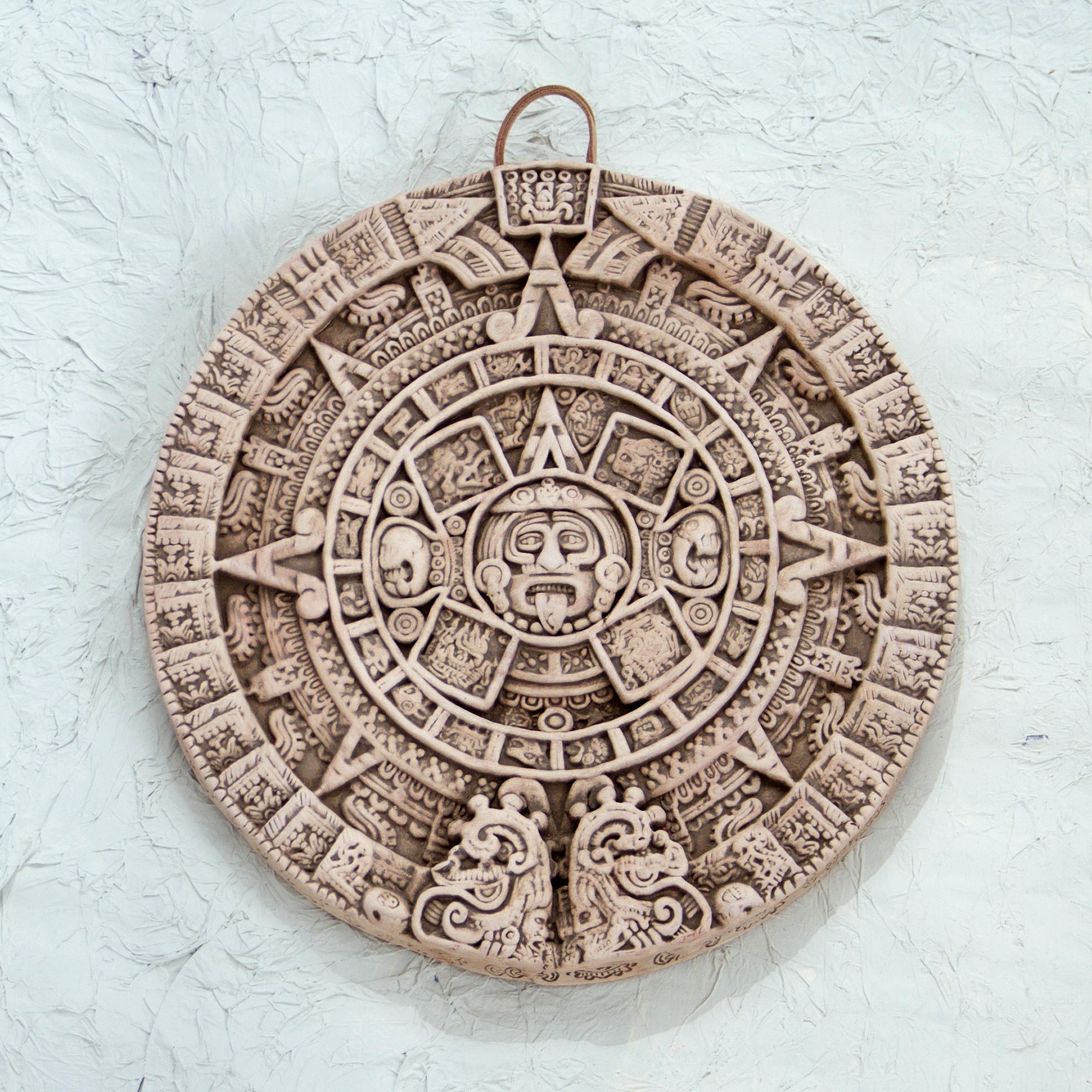 NOVICA Aztec Sun Stone in White Ceramic plaque | GreaterGood